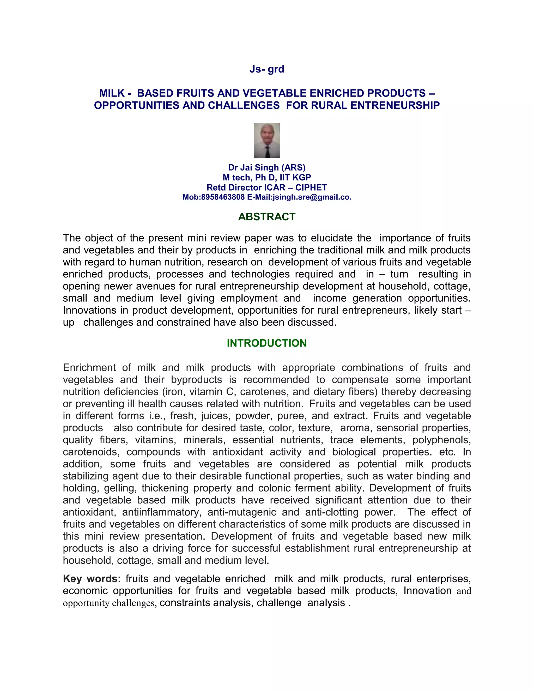 MILK - BASED FRUITS AND VEGETABLE ENRICHED PRODUCTS – OPPORTUNITIES AND ...