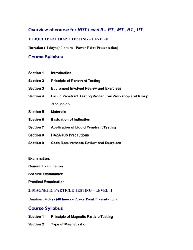 NDT Level – II in RT, UT MT, PT Courses | PDF