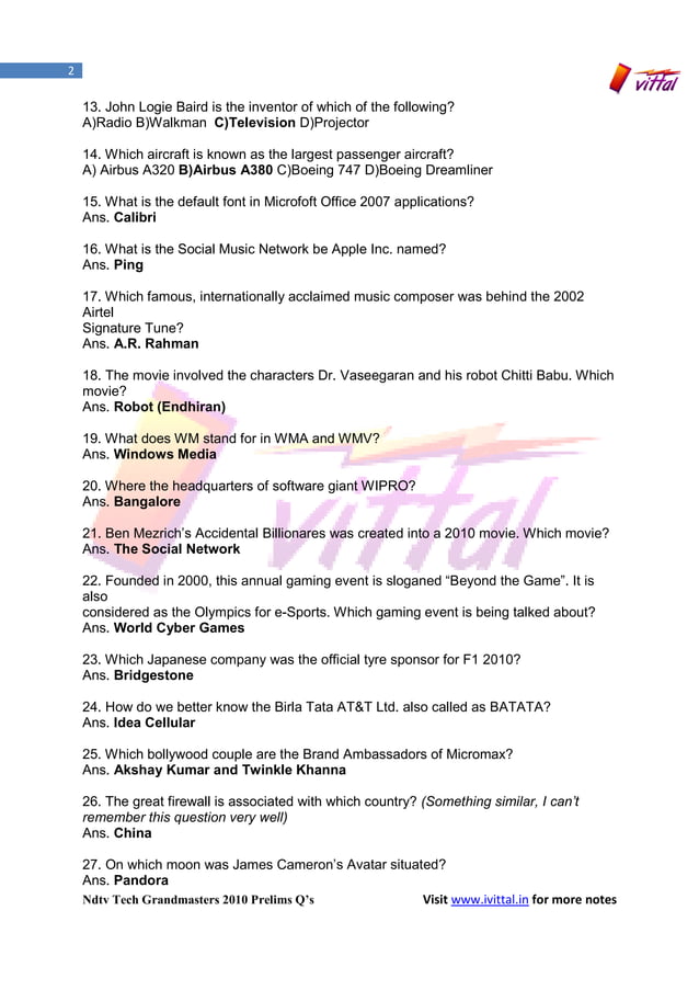 Ndtv Tech Grandmasters Season 1 Prelims questions | PDF