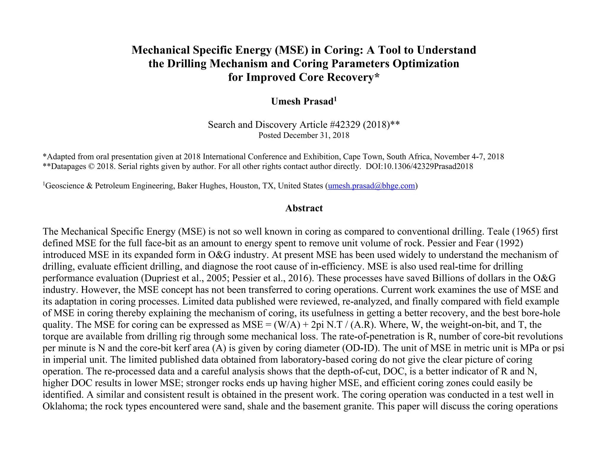 Mechanical Specific Energy (MSE) in Coring | PDF