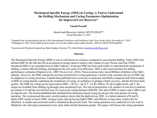 Mechanical Specific Energy (MSE) in Coring | PDF