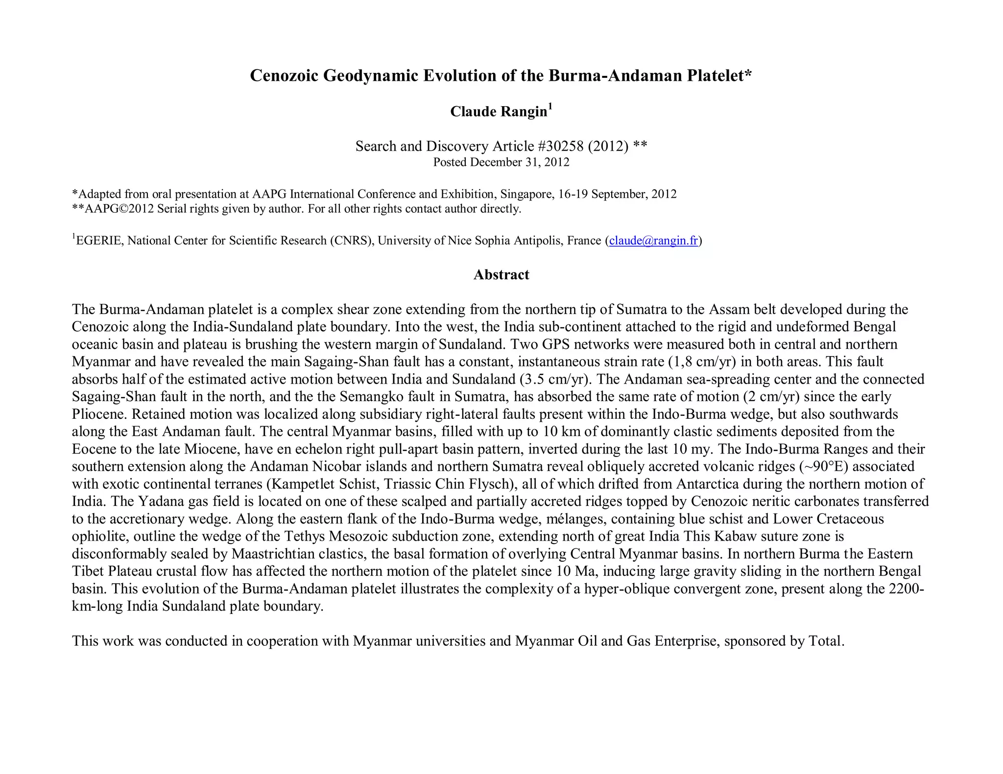 Cenozoic Geodynamic Evolution of the Burma-Andaman Platelet* by Claude ...
