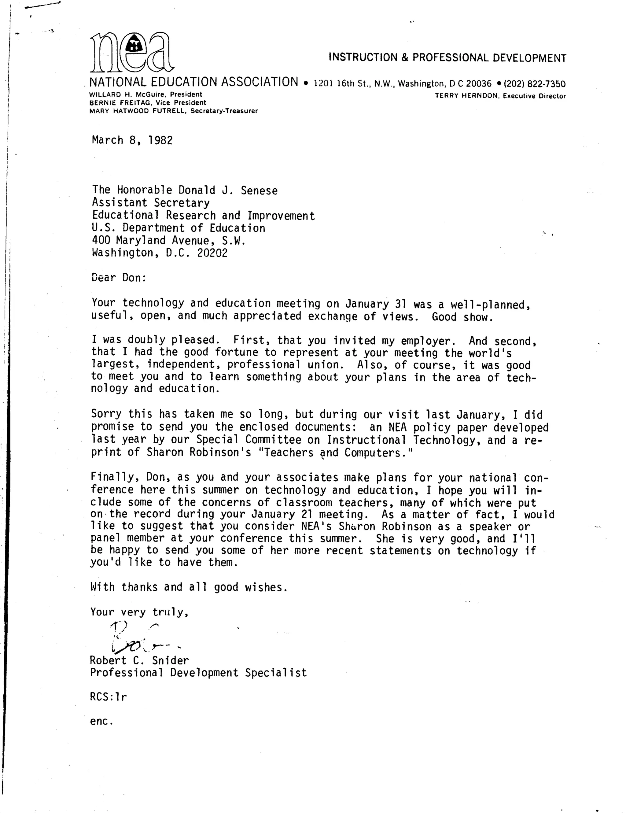 Nea letter to_donald_senese_from_robert_snider-instructional_and_prof ...