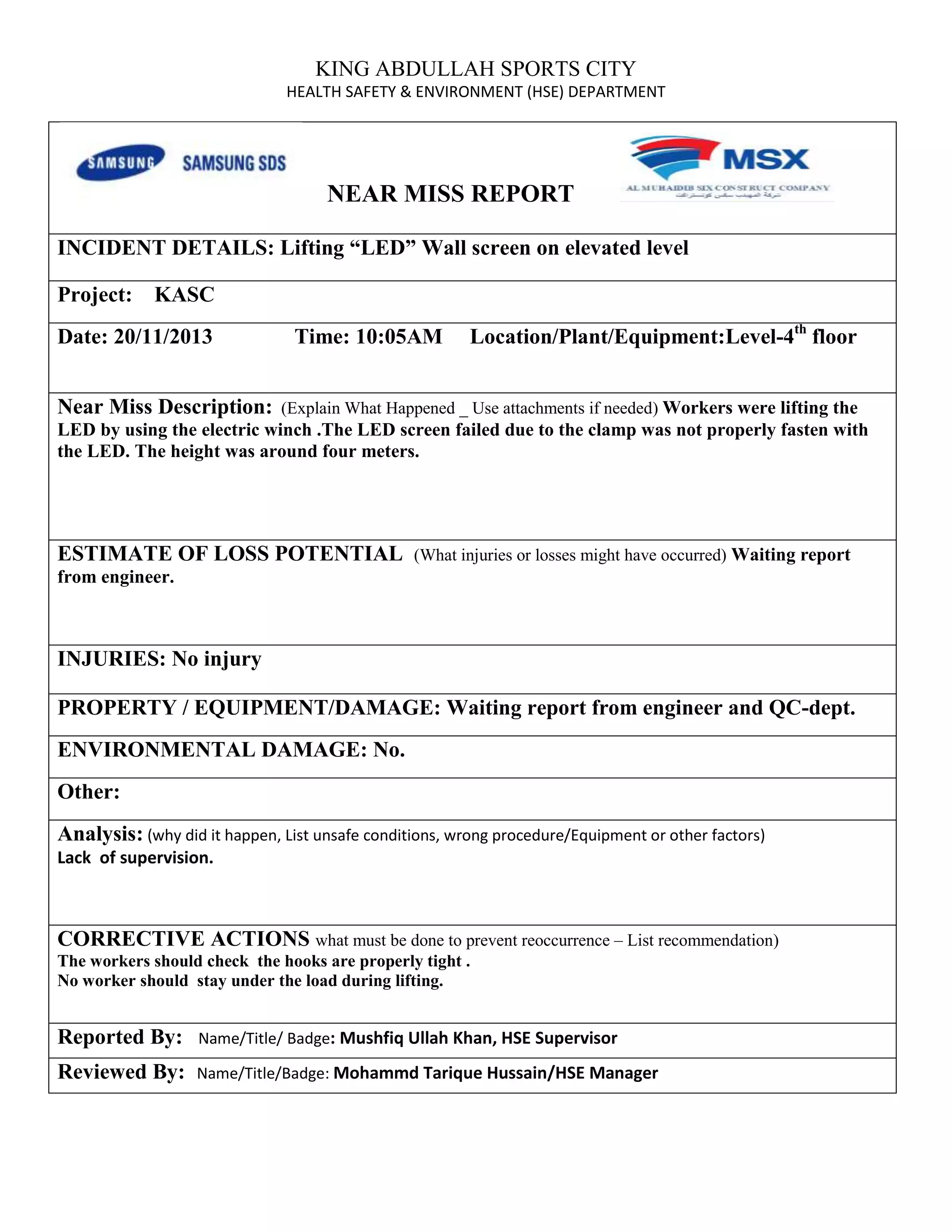 Near miss report | DOCX