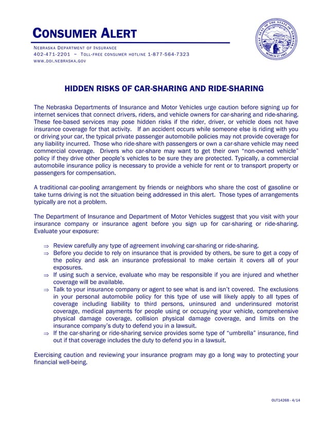 State insurance agency ridesharing warnings: Nebraska insurance alert ...
