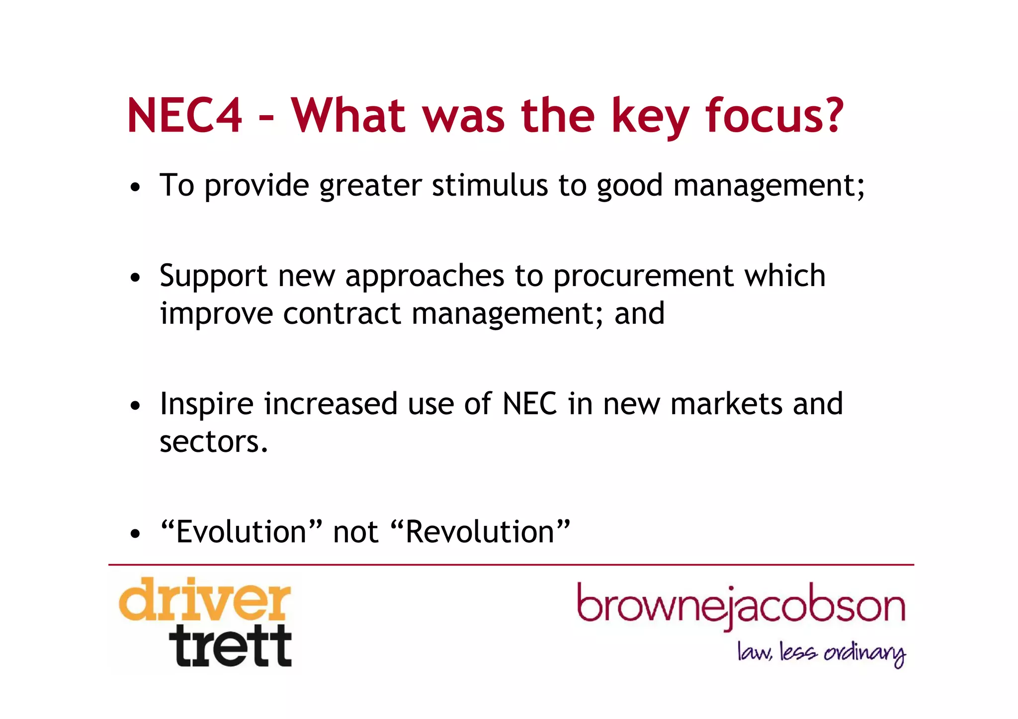 NEC4 overview: key changes and impacts - Birmingham, September 2017 | PDF
