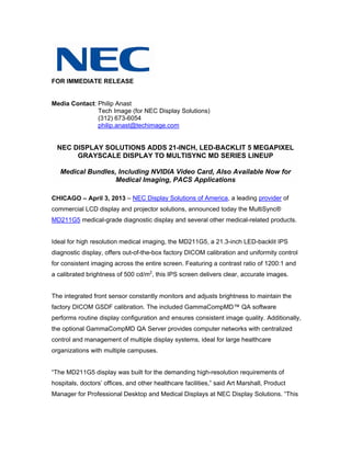 Nec display solutions adds 21 inch, led-backlit 5 megapixel grayscale ...