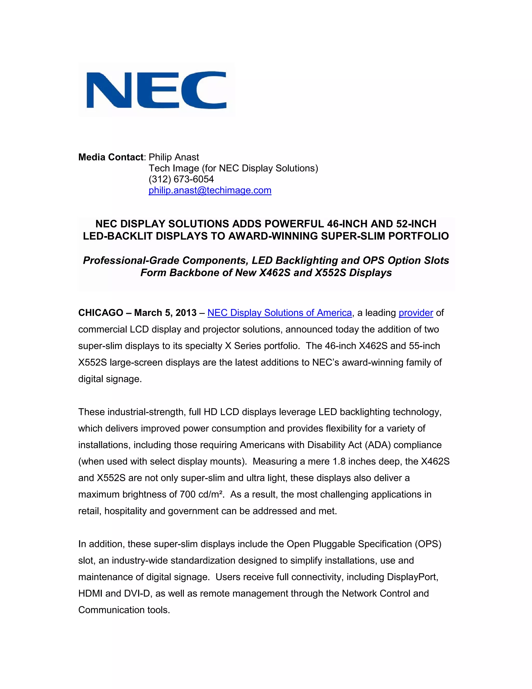 Nec display solutions adds powerful 46 inch and 52-inch led-backlit ...