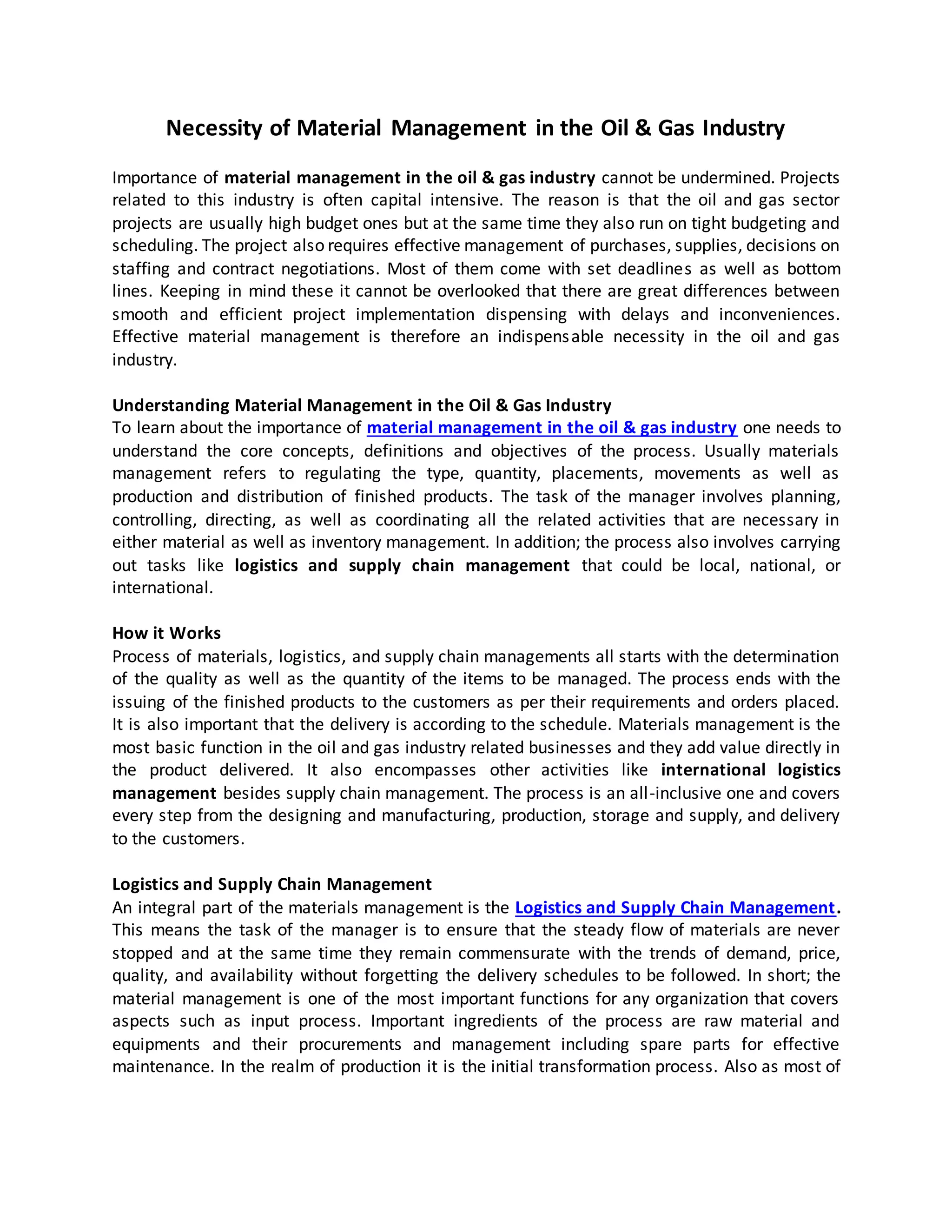 Necessity of material management in the oil & gas industry | DOCX