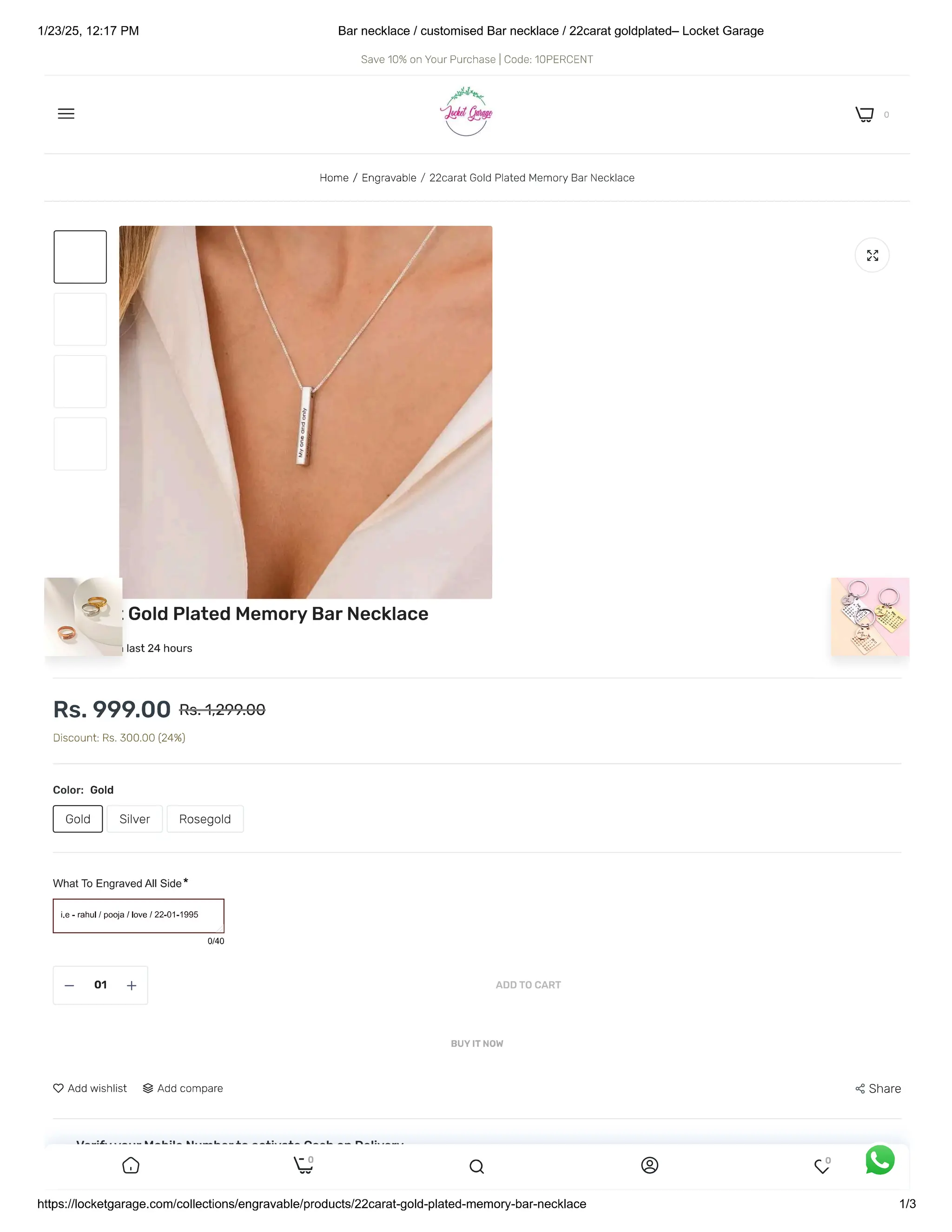 22carat Gold Plated Memory Bar Necklace | PDF