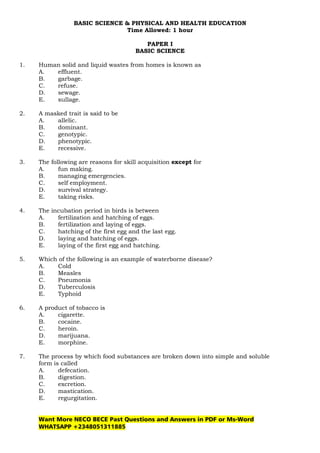 NECO BECE Basic Science Past Questions and Answer for JSS3 | PDF