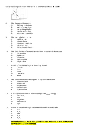 NECO BECE Basic Science Past Questions and Answer for JSS3 | PDF