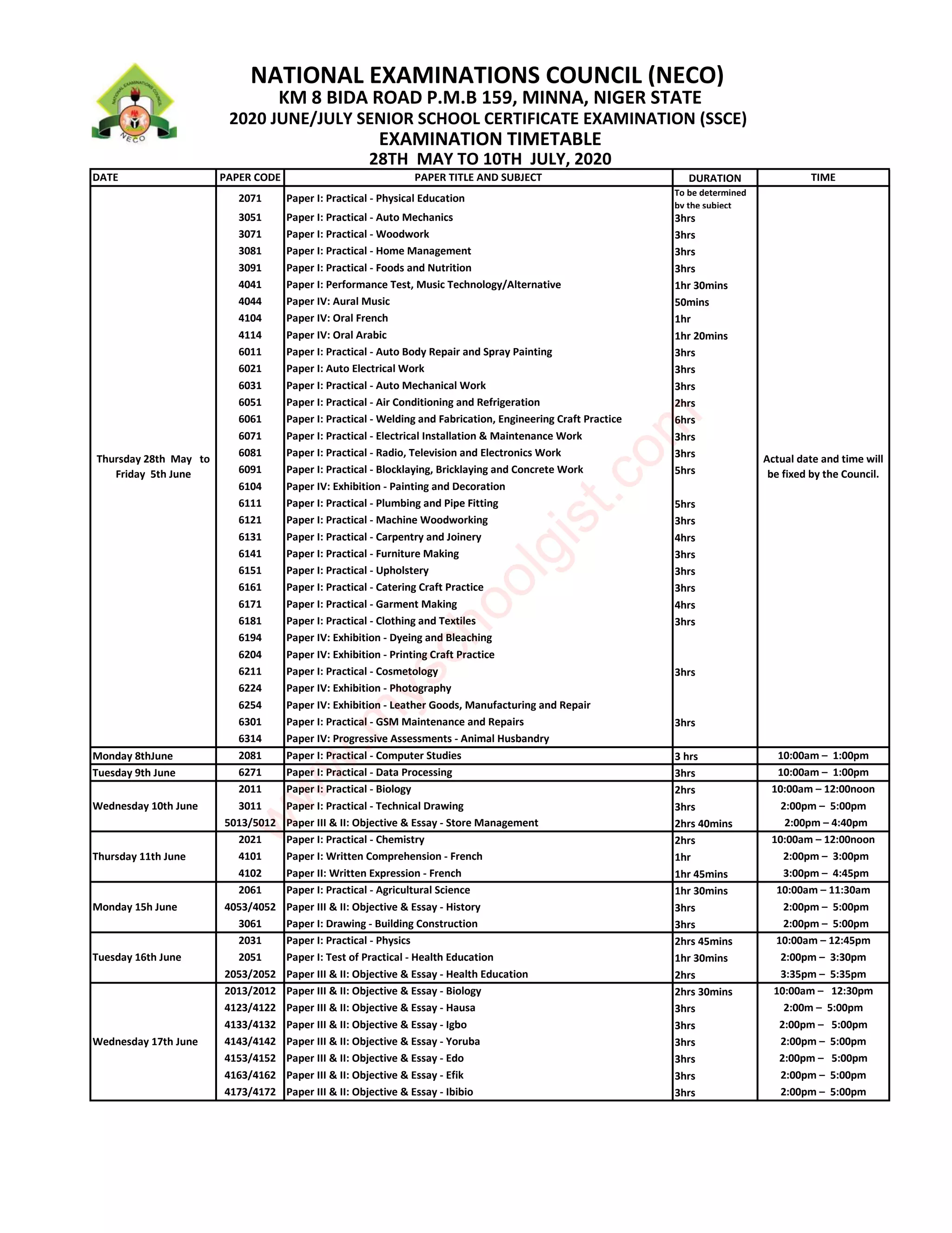 National Examinations Council (NECO) Timetable for 2020 June/July ...