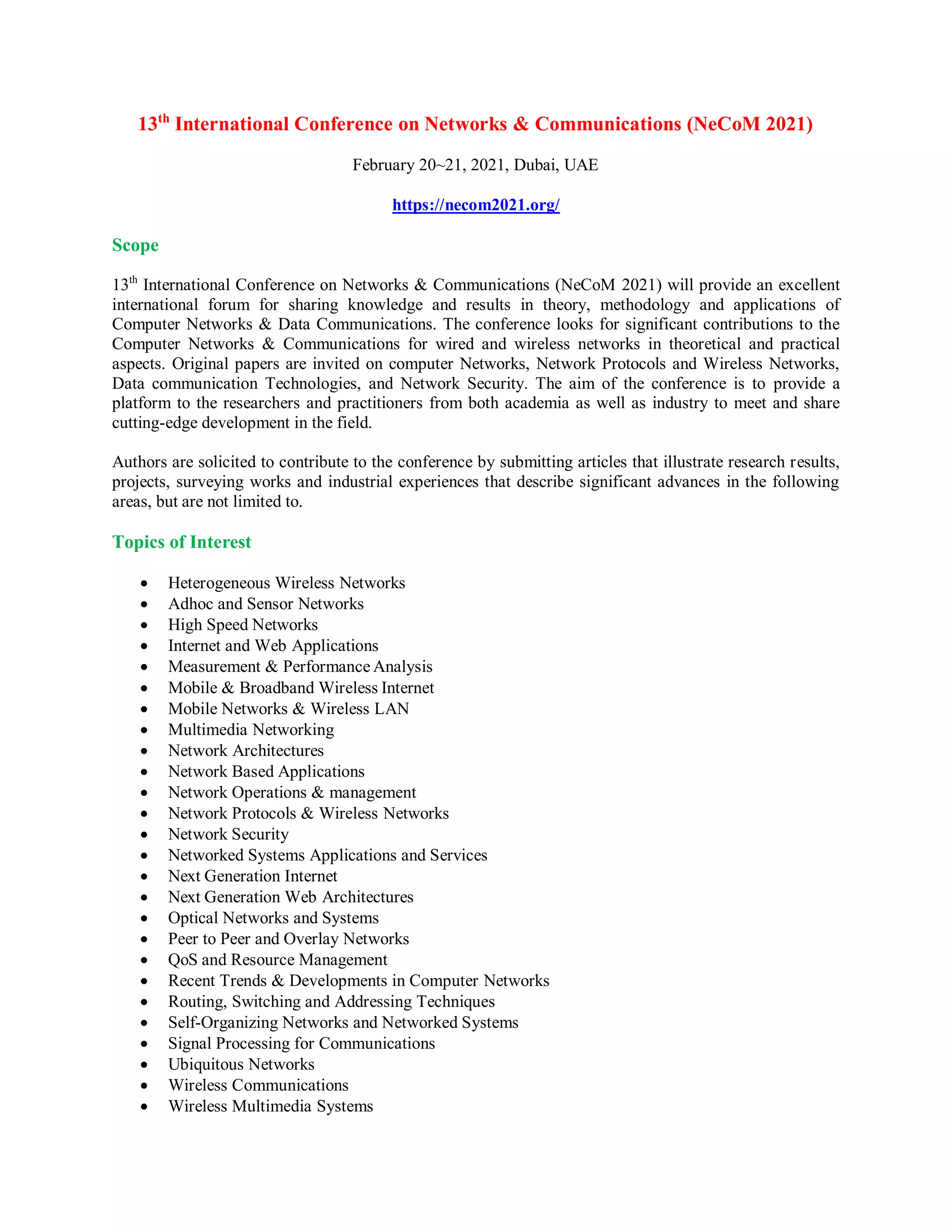 13th International Conference on Networks & Communications (NeCoM 2021) | PDF