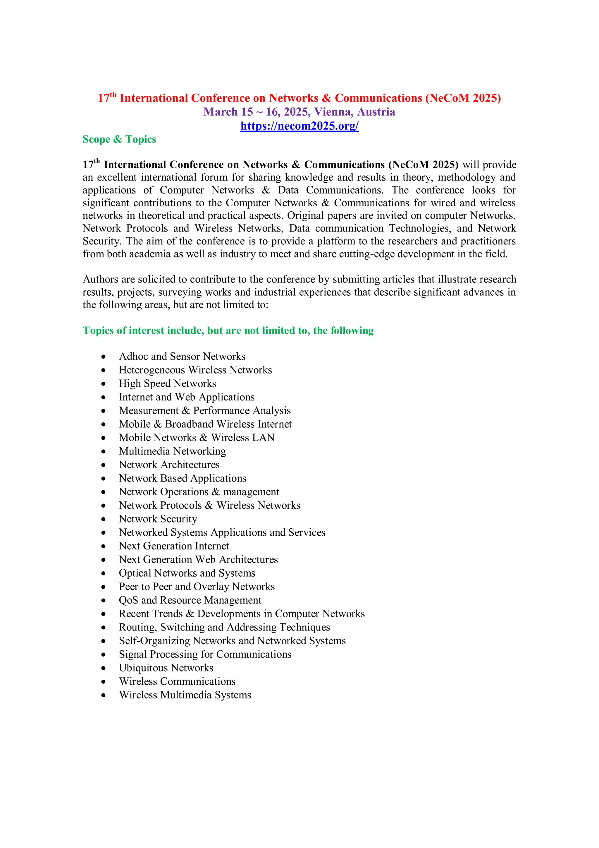 17th International Conference on Networks & Communications (NeCoM 2025 ...