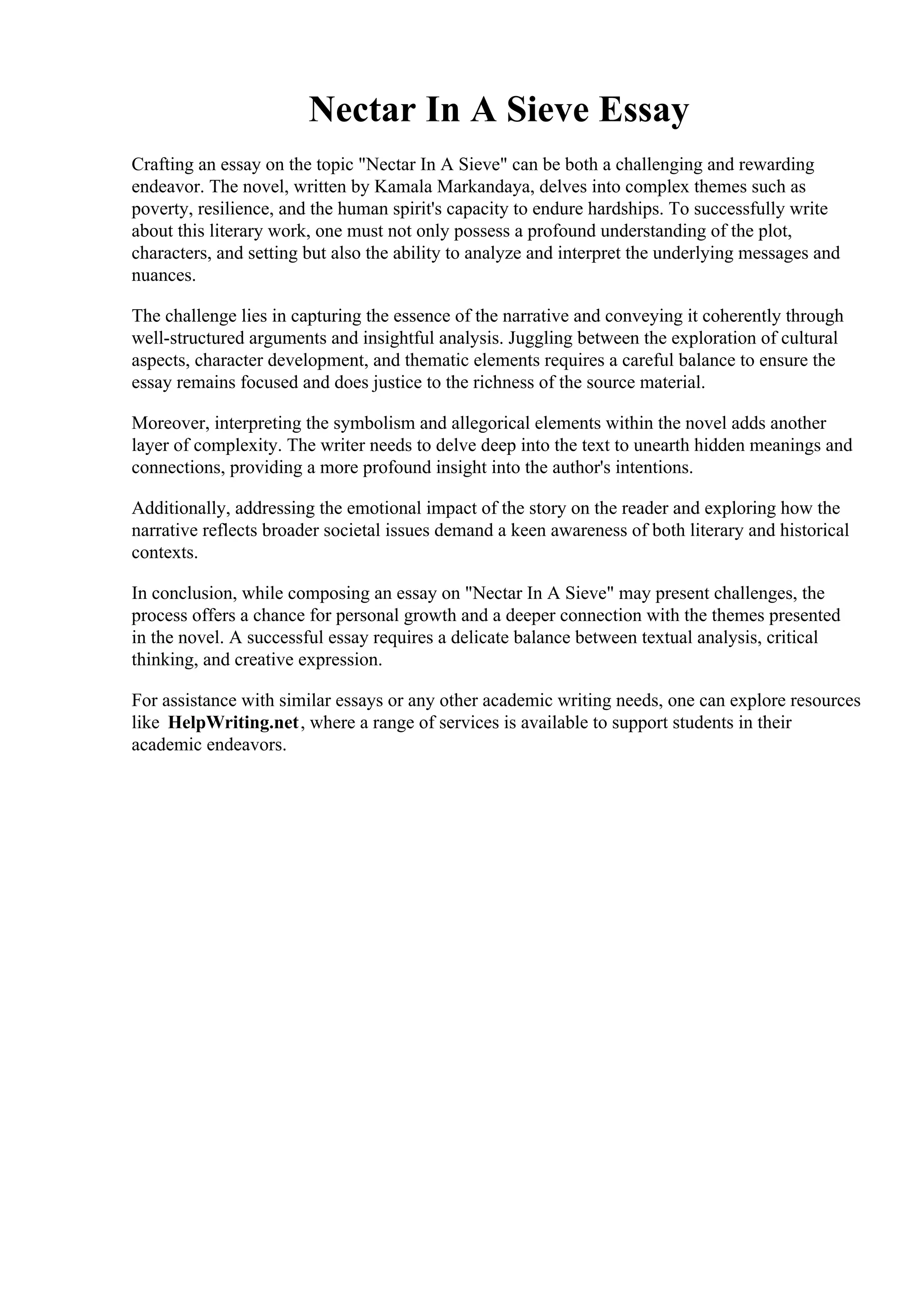 Nectar In A Sieve Essay | PDF