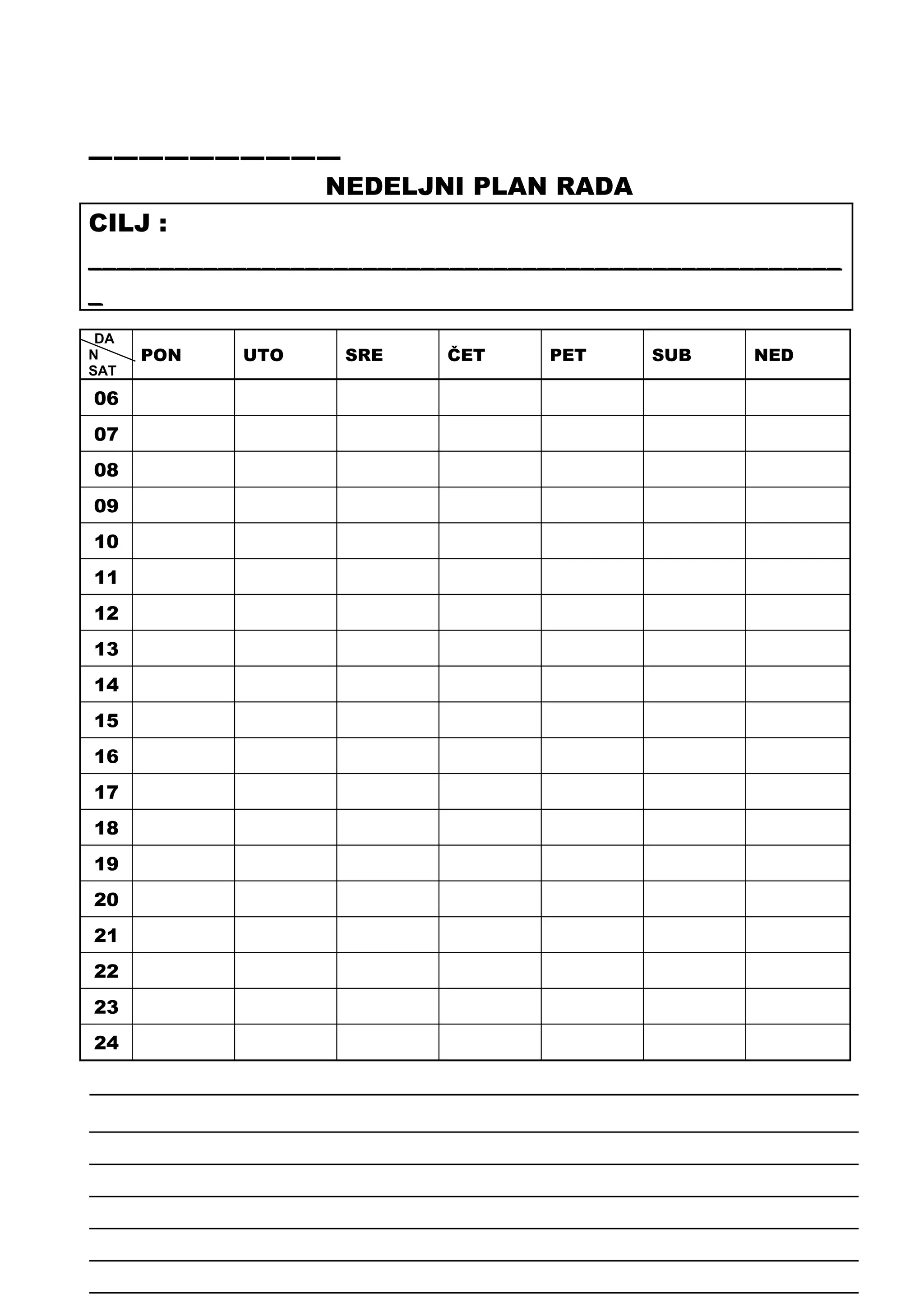 Sablon za Nedeljni plan rada i cilj | DOC