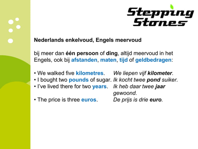 Nederlands enkelvoud, engels meervoud | PPT