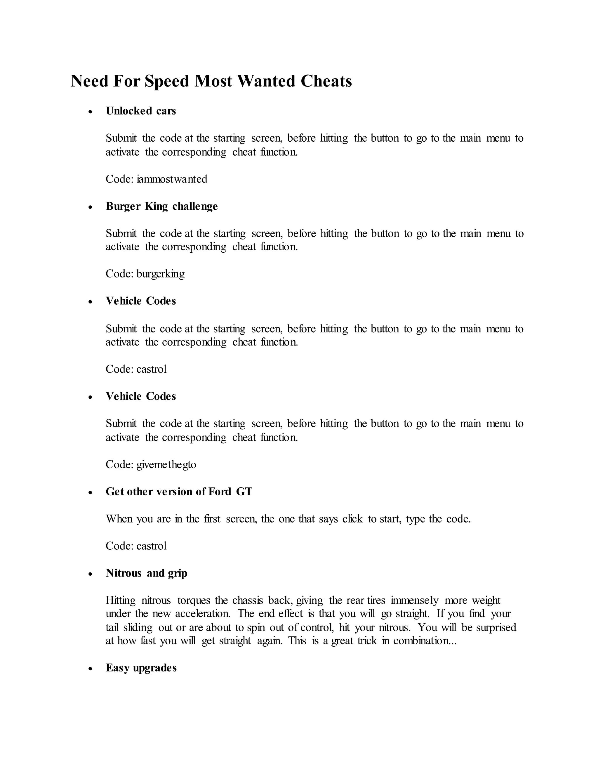 Need for speed most wanted cheats | DOCX