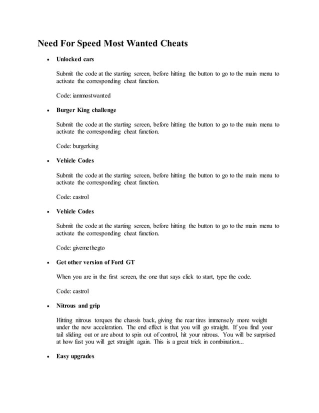 Need for speed most wanted cheats | PDF