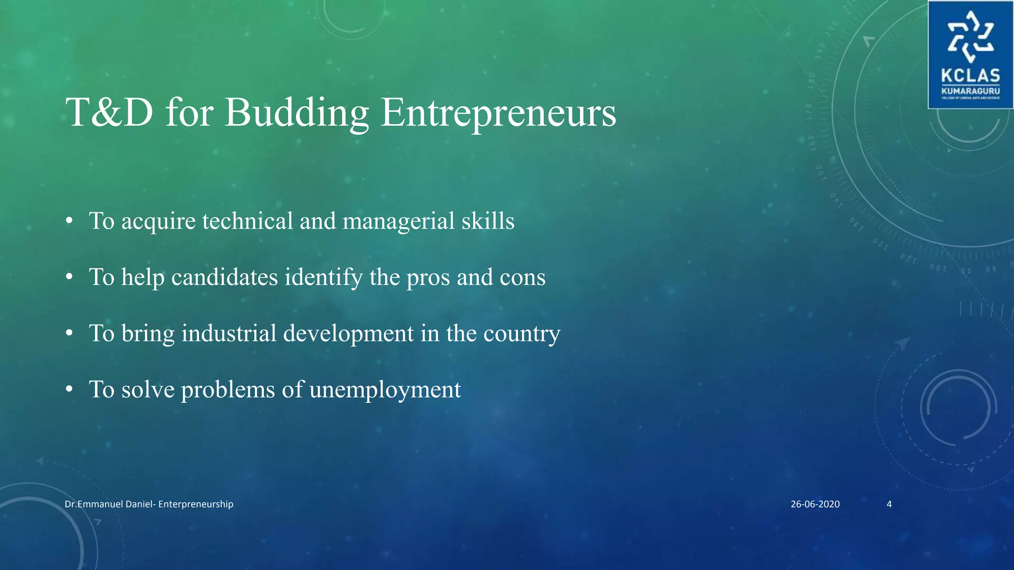 Training & Development for Budding Entrepreneurs | PPT