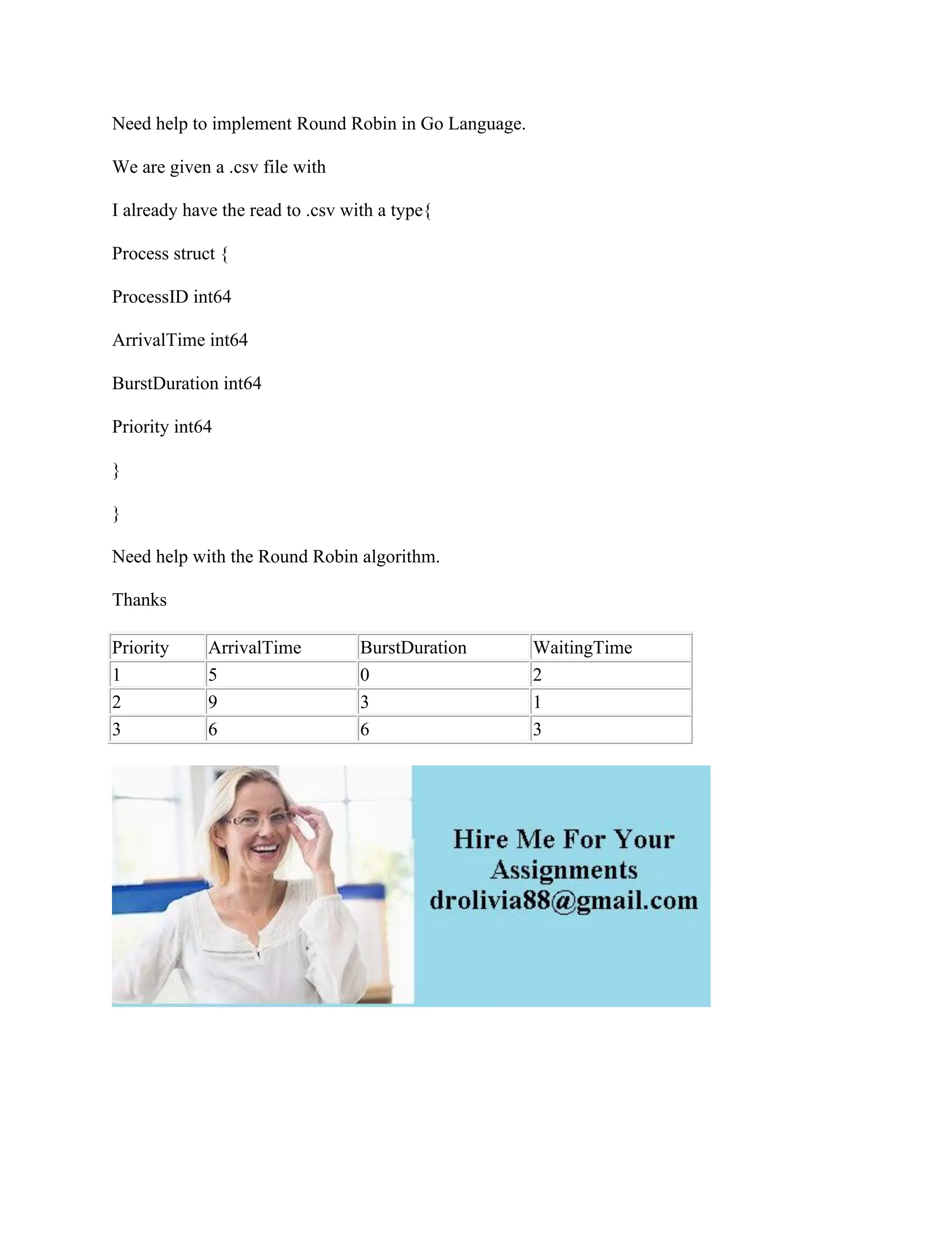 Need help to implement Round Robin in Go Language- We are given a -csv.pdf