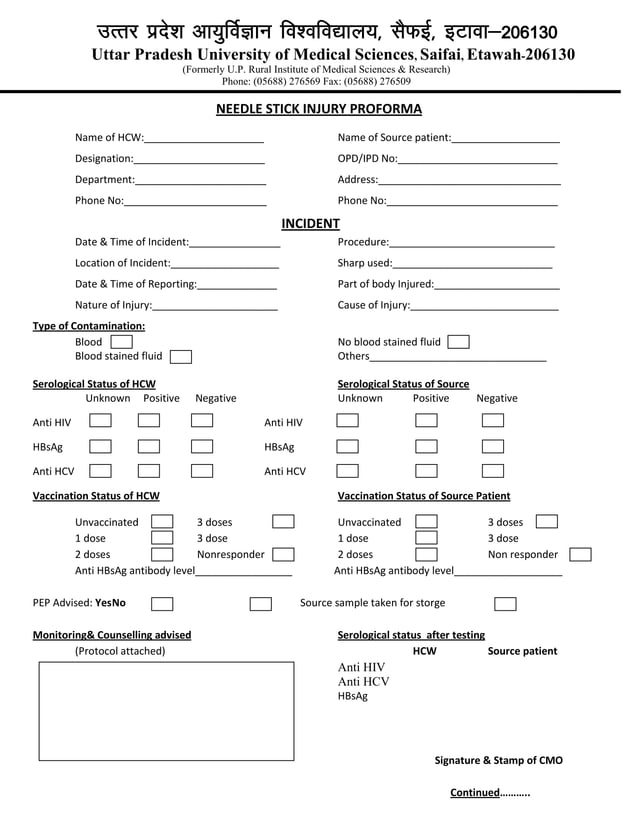 Needle Stick Injury Protocol- UPUMS.pdf | Infectious Diseases ...