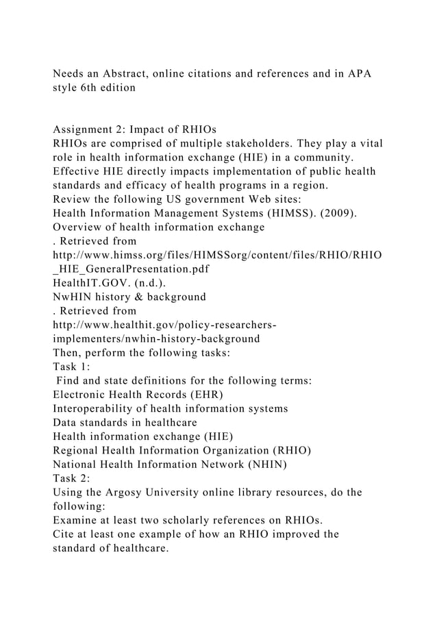 Needs an Abstract, online citations and references and in APA style ...