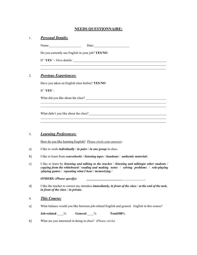 Needs assessment questionnaire | PDF