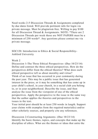 Need weeks 2-5 Discussion Threads & Assignments completed by due.docx