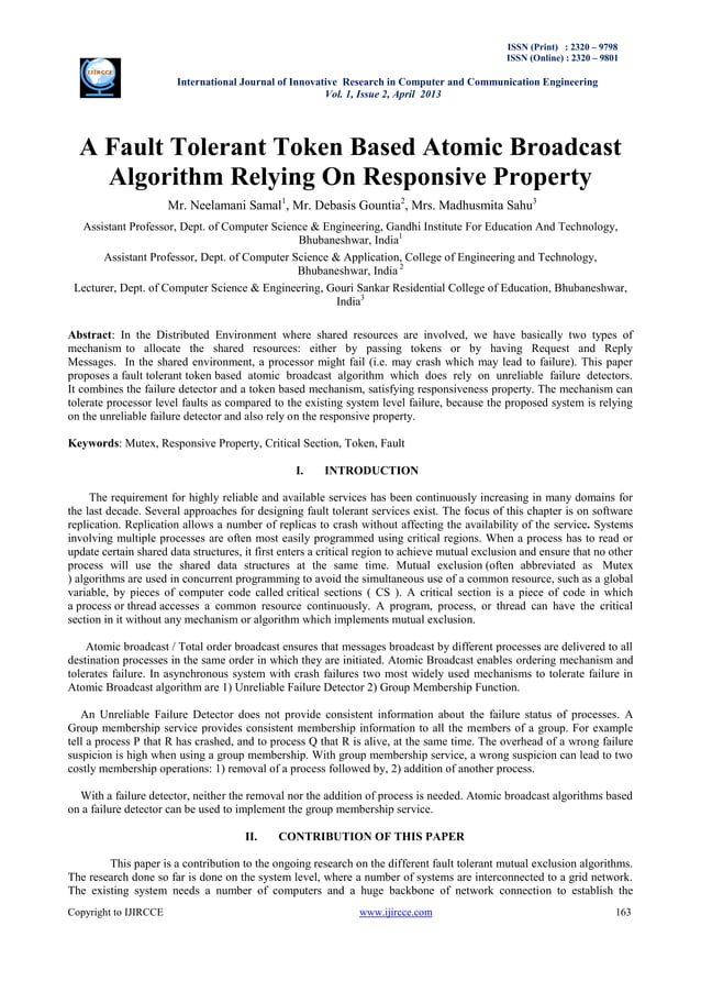 A Fault Tolerant Tokenbased Atomic Broadcast Algorithm Relying On Responsive Property Pdf 