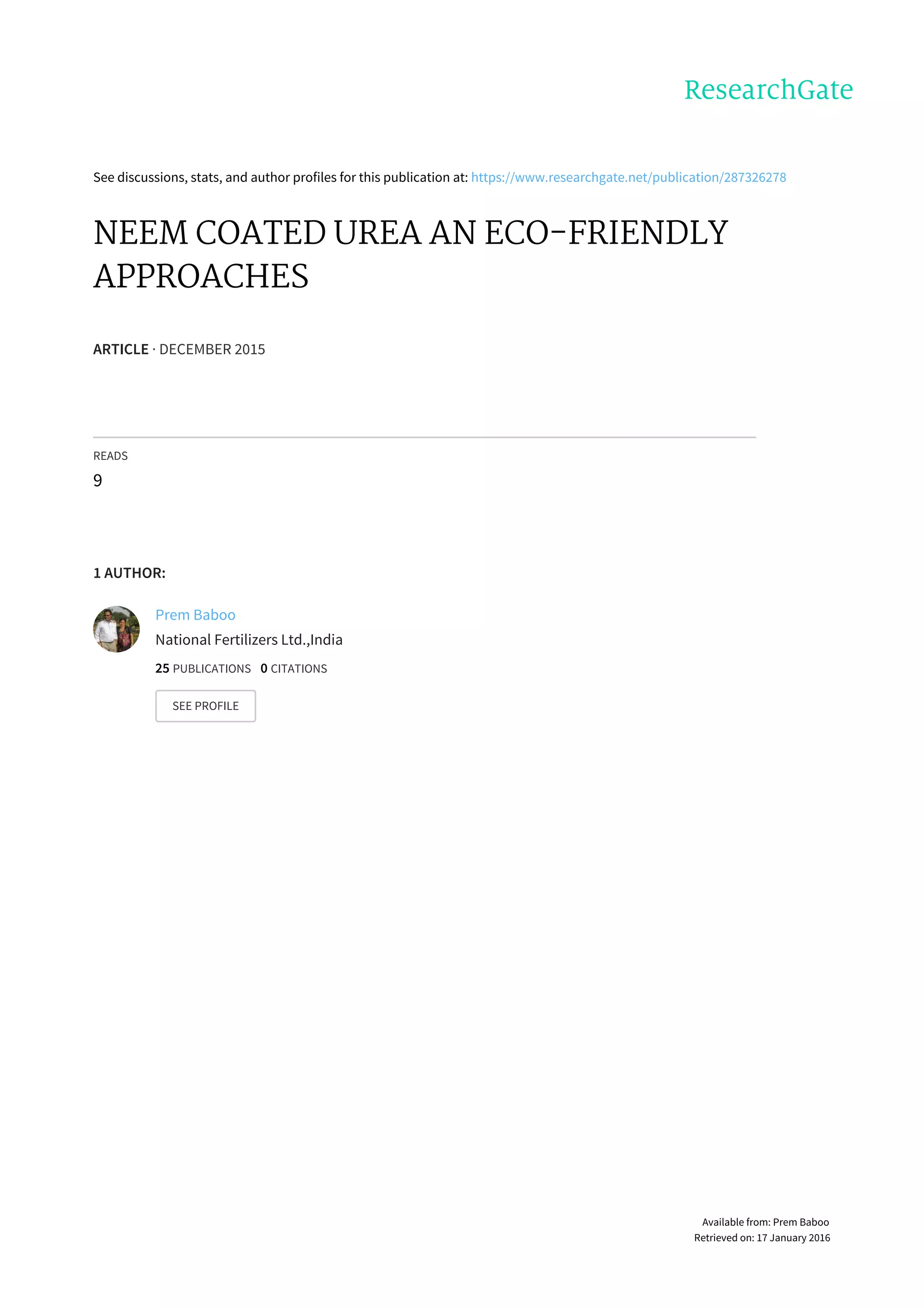 Neem coated urea an eco friendly approaches | PDF