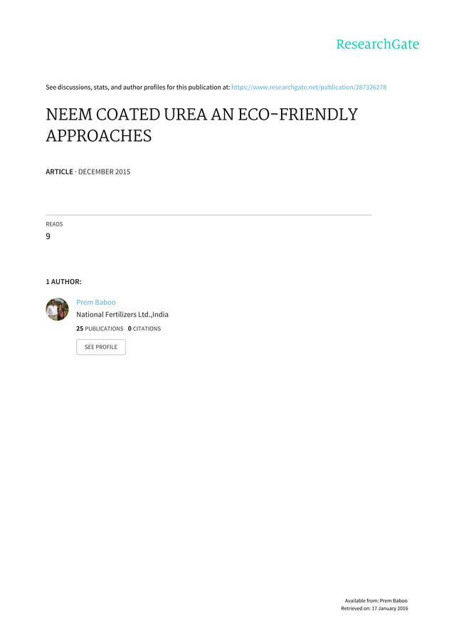 Neem coated urea an eco friendly approaches | PDF | Agriculture ...