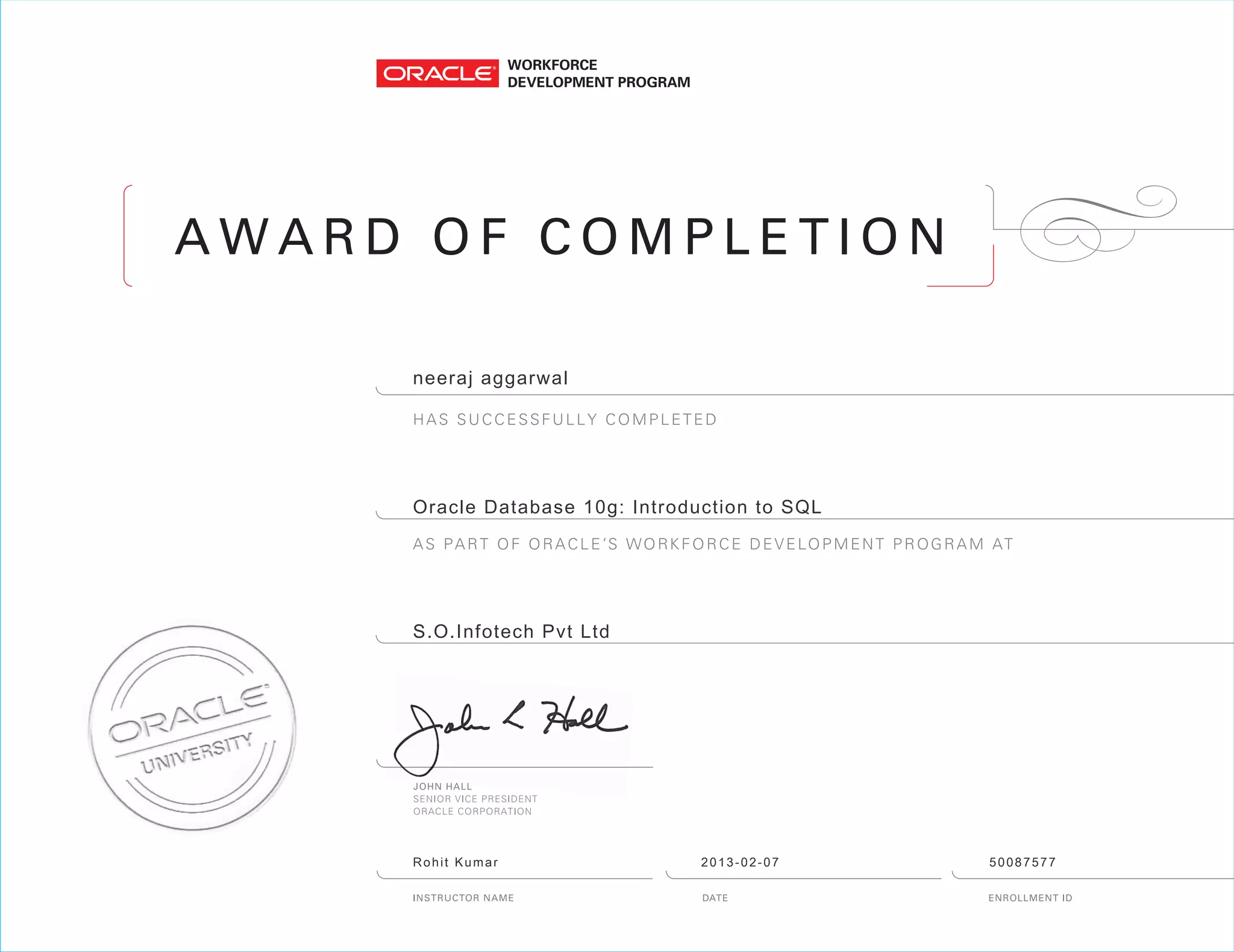 Neeraj Aggarwal Oracle Certificate | PPT
