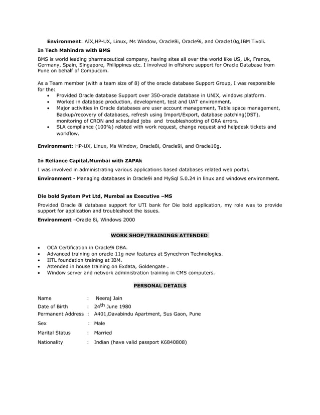 Neeraj jain oracle dba | DOC | Databases | Computer Software and Applications