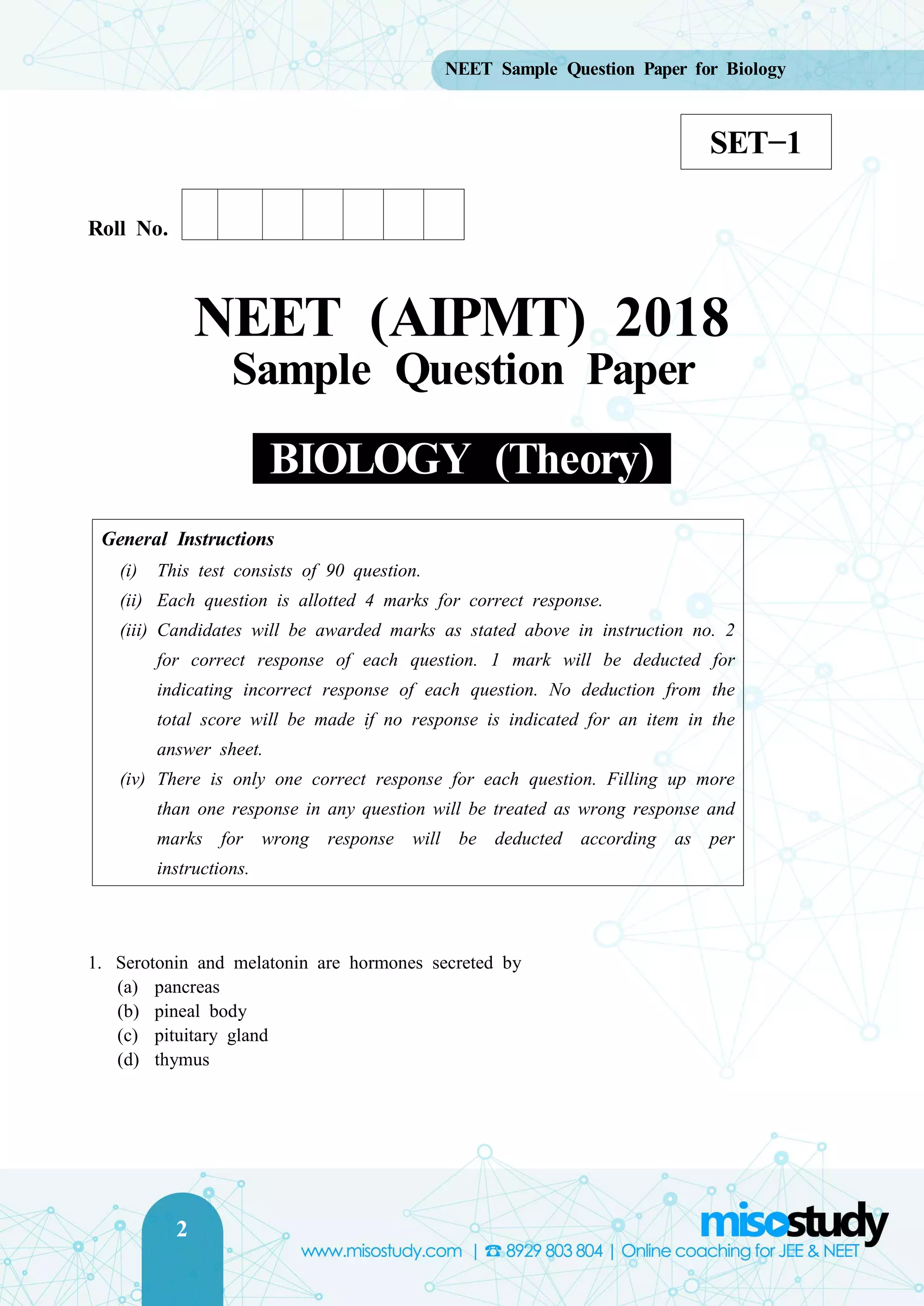 Neet 2018 Biology Sample Question Paper | PDF | Biological Sciences ...