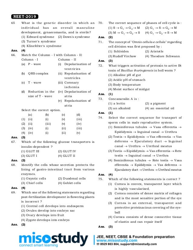 NEET 2019 Question Paper Answer Key Solutions neet-2019-question-paper-answer-key-solutions