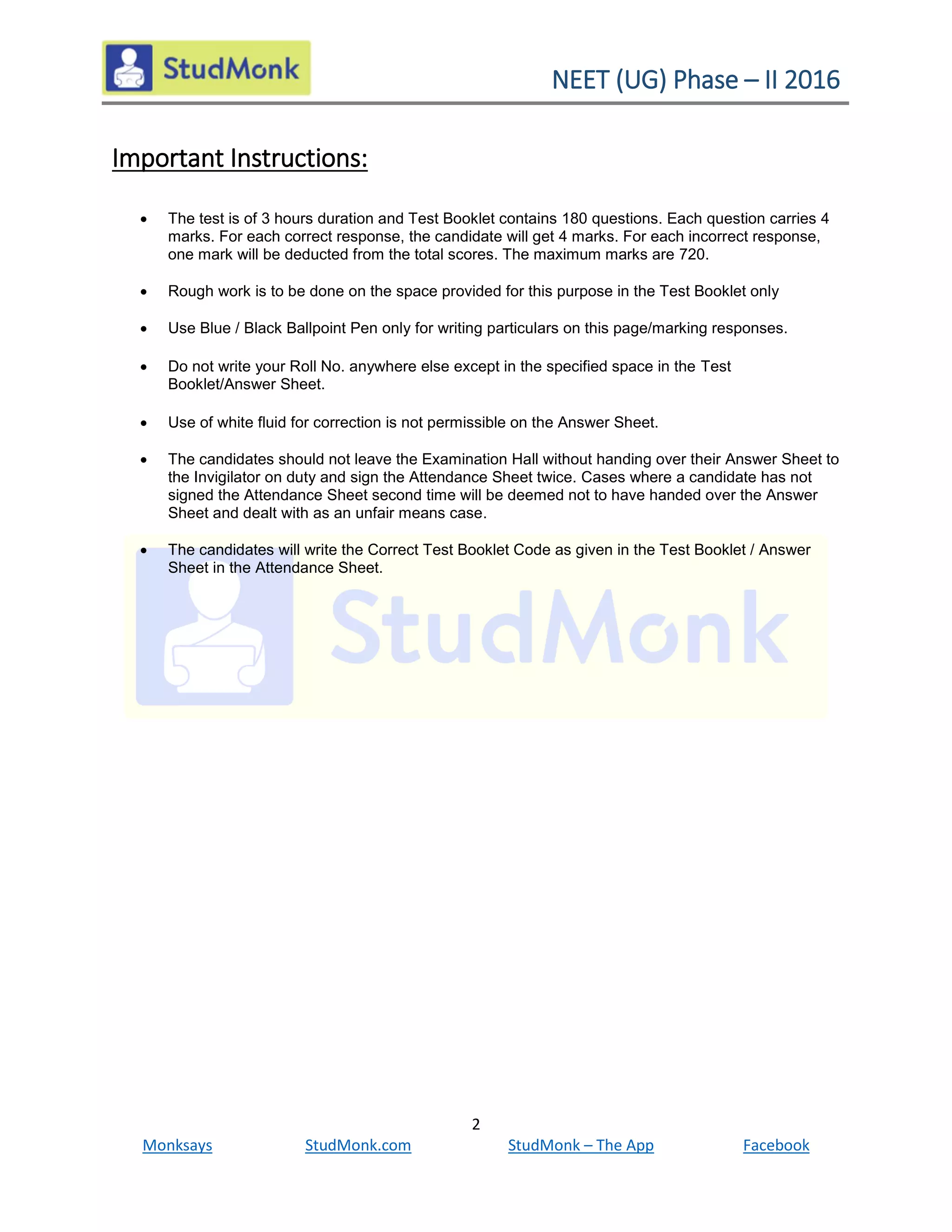 NEET Previous Year Question Paper | NEET 2016 Phase 2 | PDF
