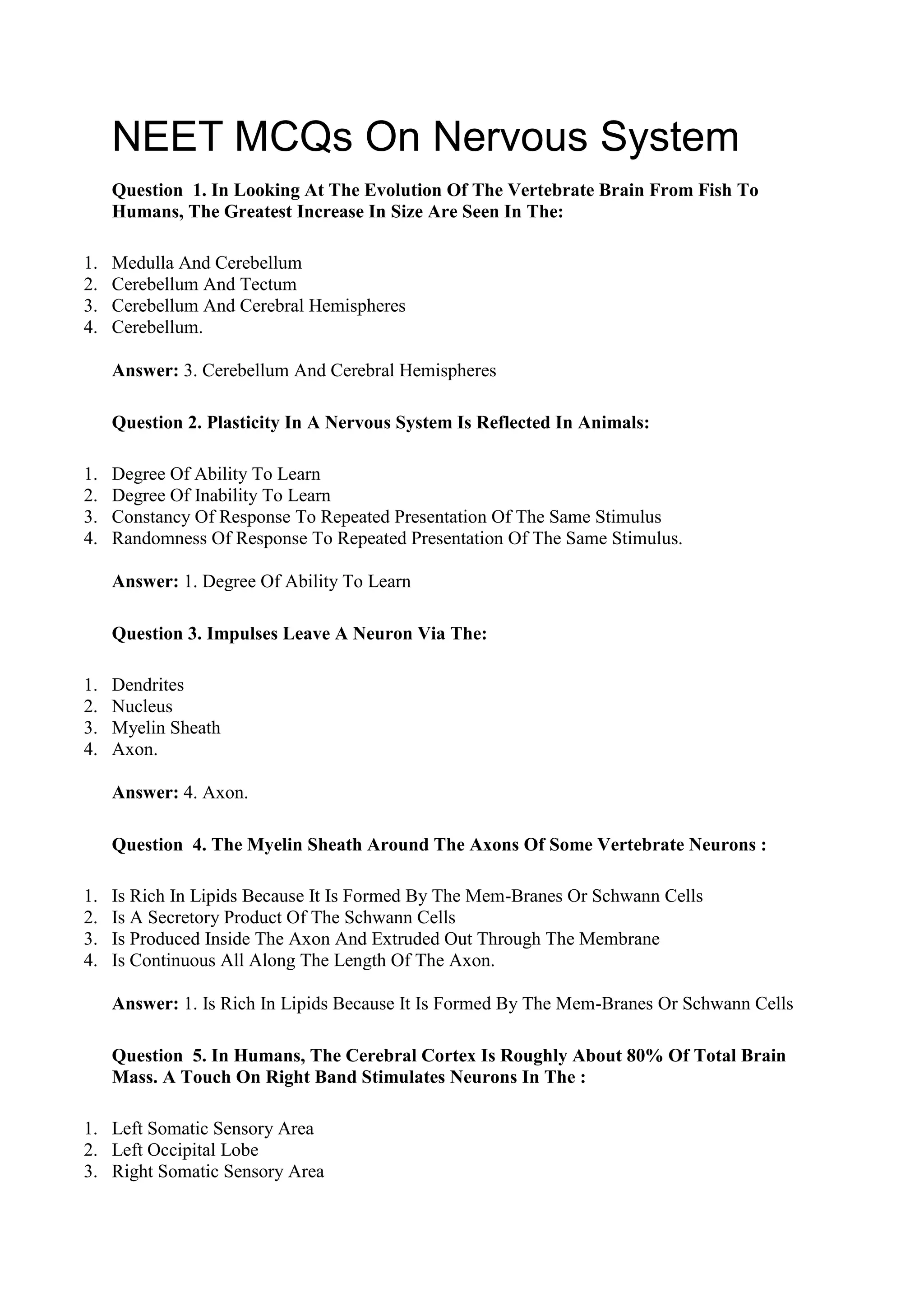 NEET MCQs On Nervous System.Impulses Leave A Neuron | DOCX
