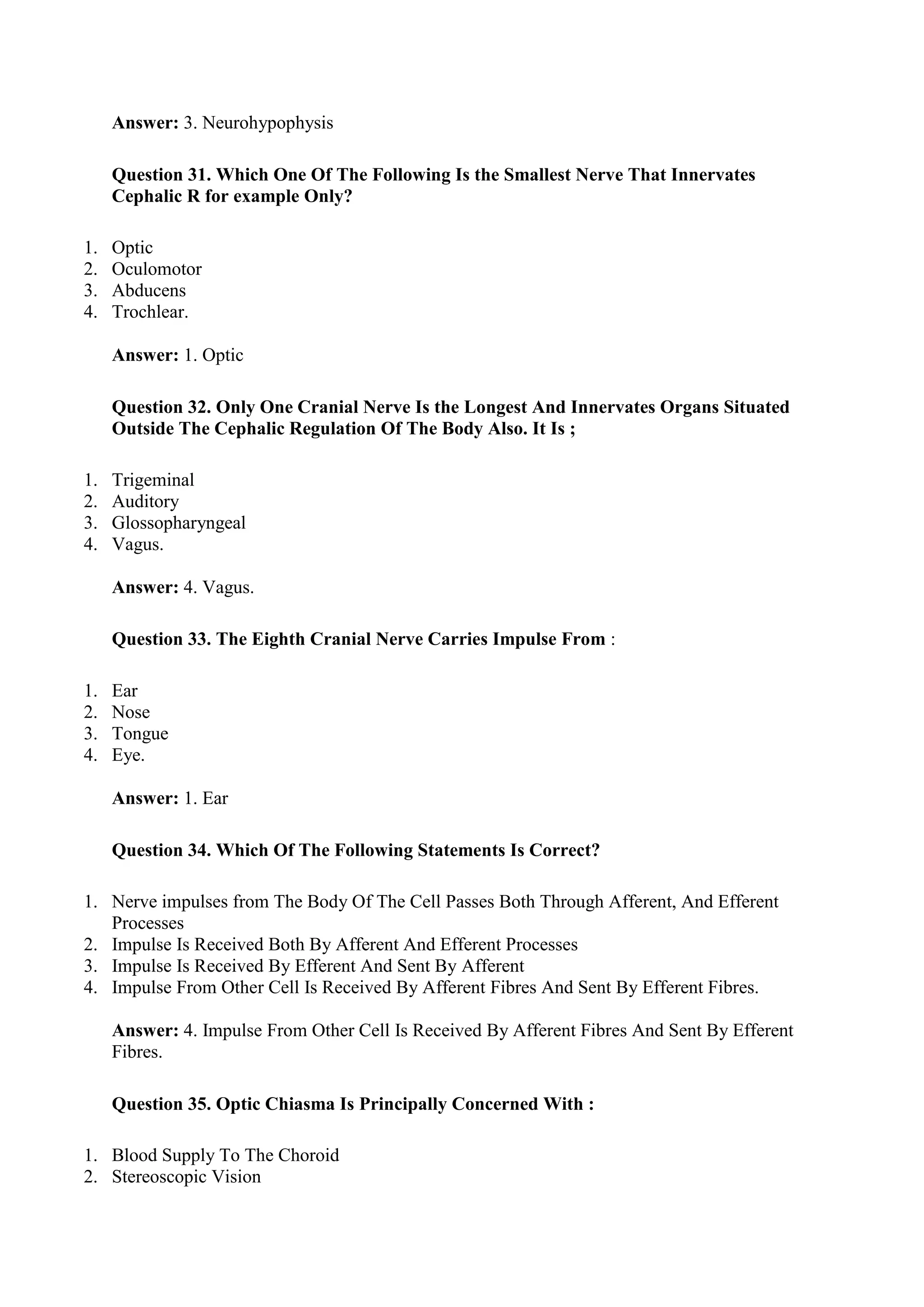 NEET MCQs On Nervous System.Impulses Leave A Neuron | DOCX