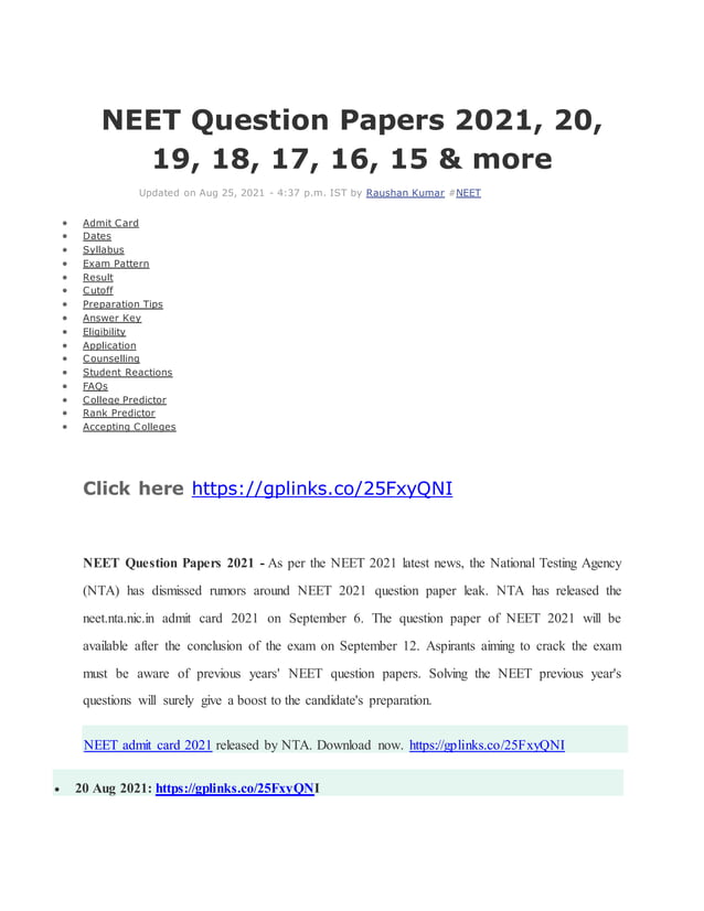 Neet question papers 2021 | DOCX