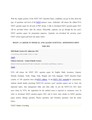 Neet question papers 2021 | DOCX