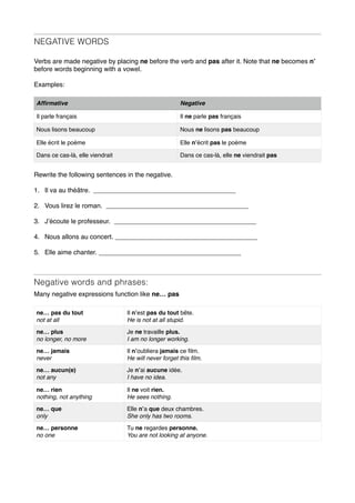 Printable Worksheet French Affirmative Negative Words