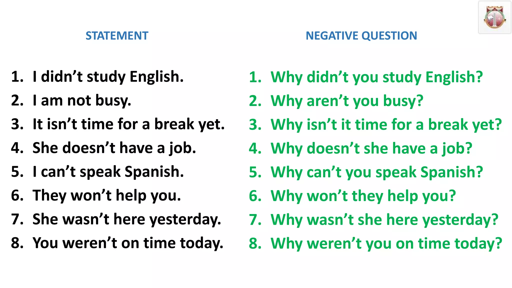 Negative questions - Ingles | PPTX