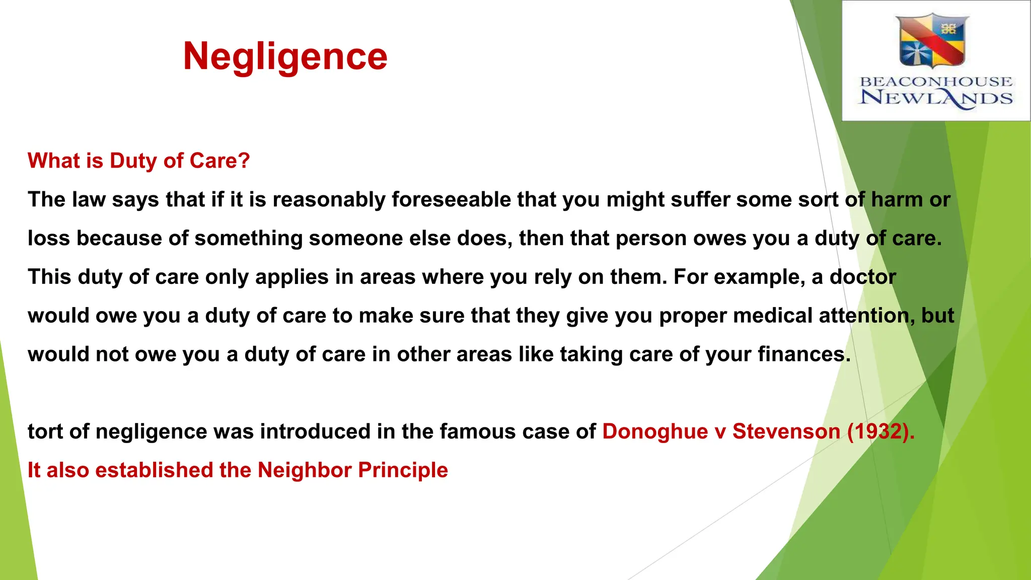 tort of Negligence and its application . | PPT