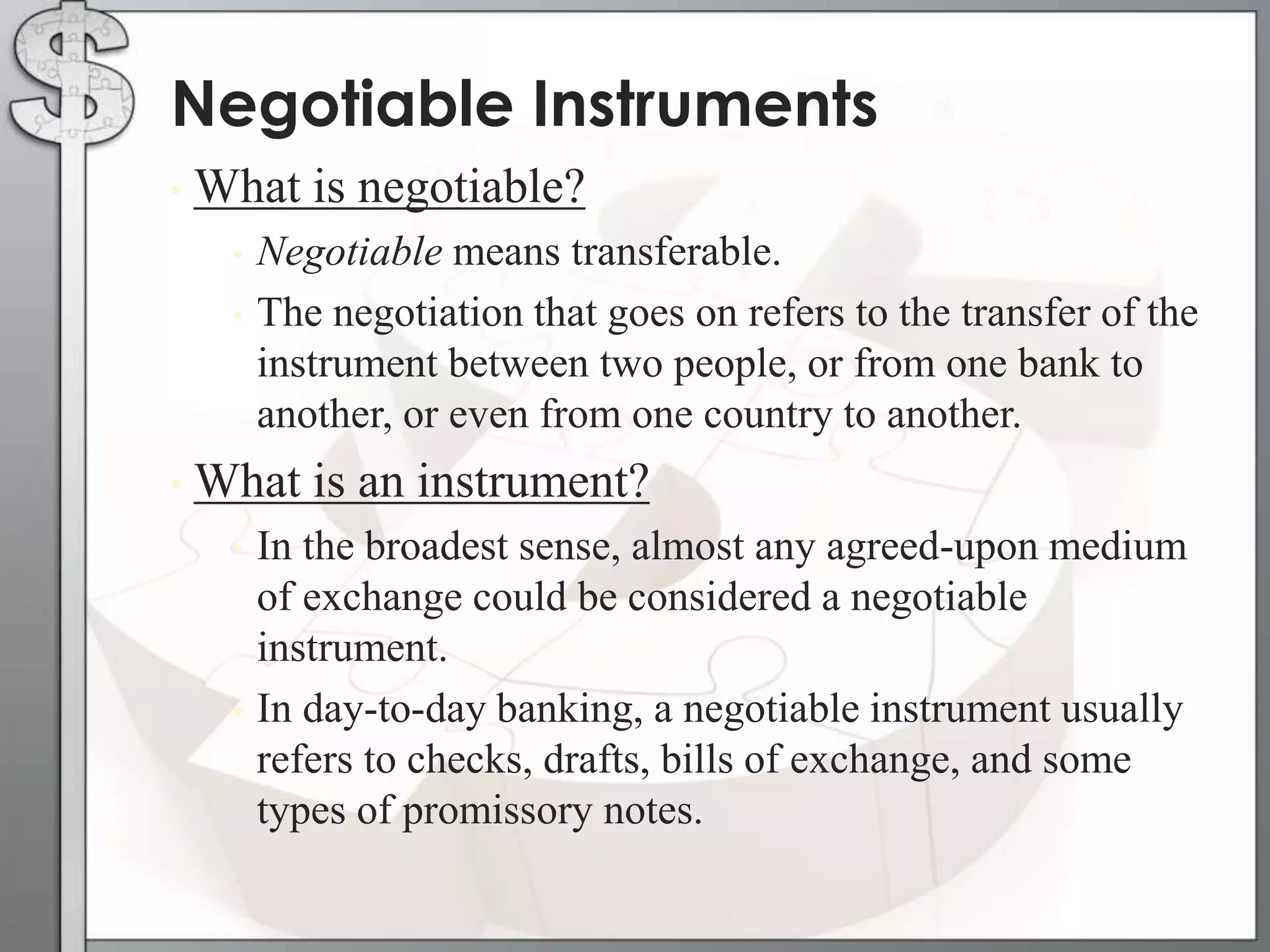 Negotiable instrument types of negotiable instruments | PPT