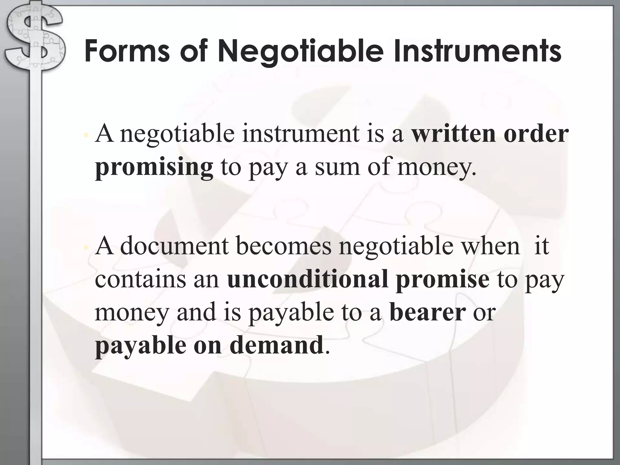 Negotiable instrument types of negotiable instruments | PPT