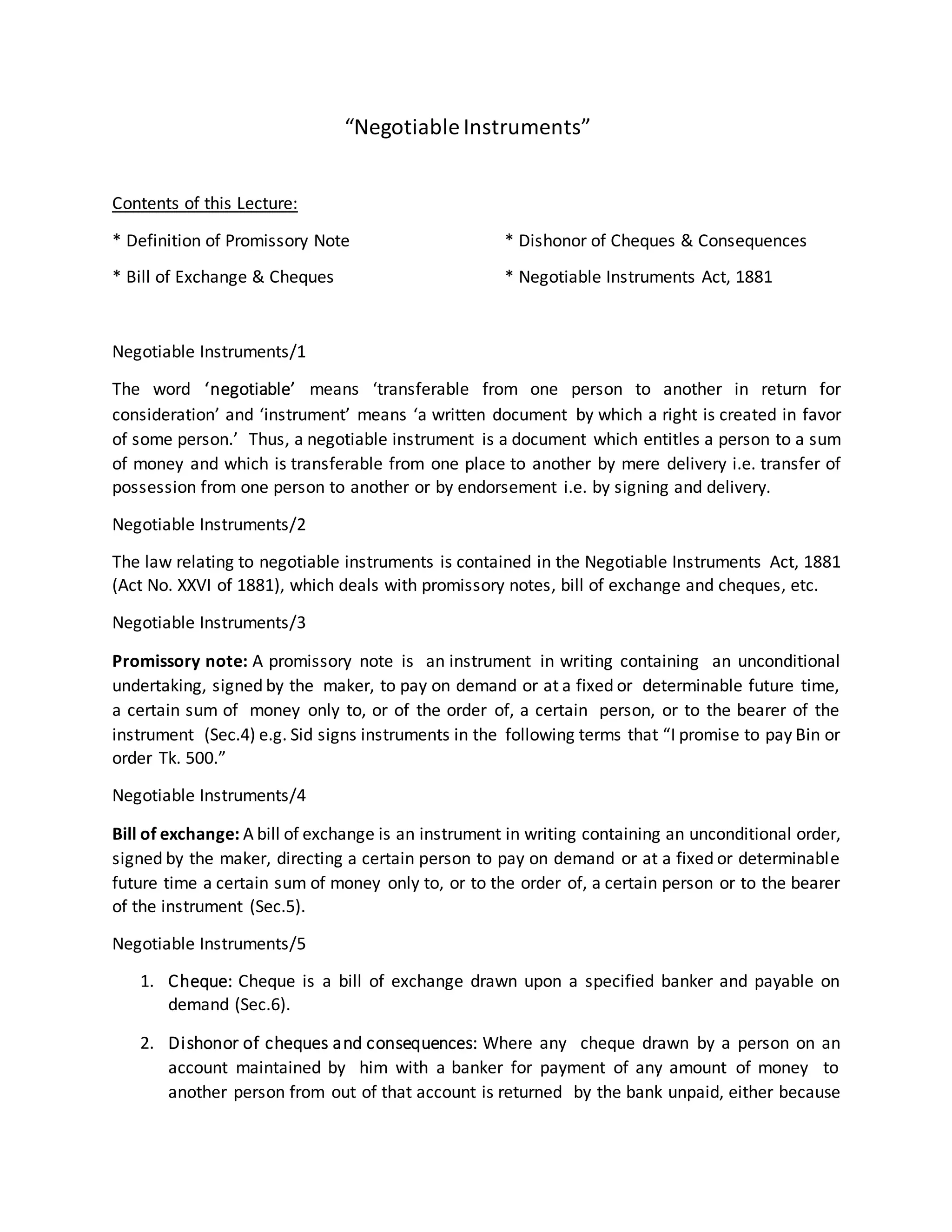 Negotiable instruments | DOCX