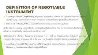 MEANING,DEFINITION, FEATURES OF NEGOTIABLE INSTRUMENTS, HOLDER AND ...