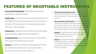MEANING,DEFINITION, FEATURES OF NEGOTIABLE INSTRUMENTS, HOLDER AND HOLDER IN DUE COURSE | PPTX